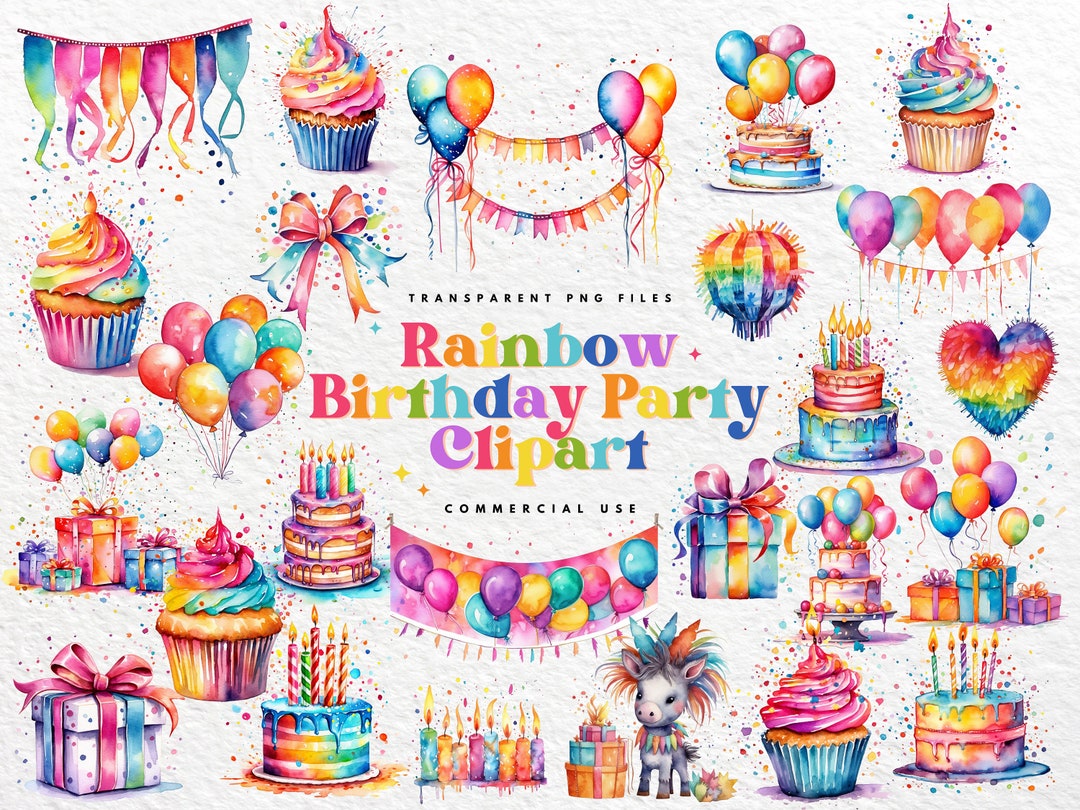 Watercolor Birthday Party Cake Present Balloons Clipart Bundle of 25 ...