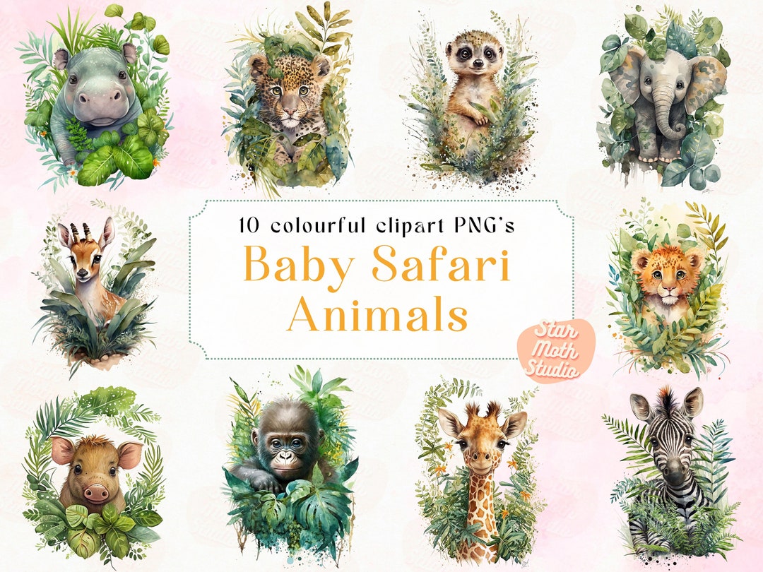 Baby Safari Animals Clipart, 10 Transparent PNG Files, Watercolor ...