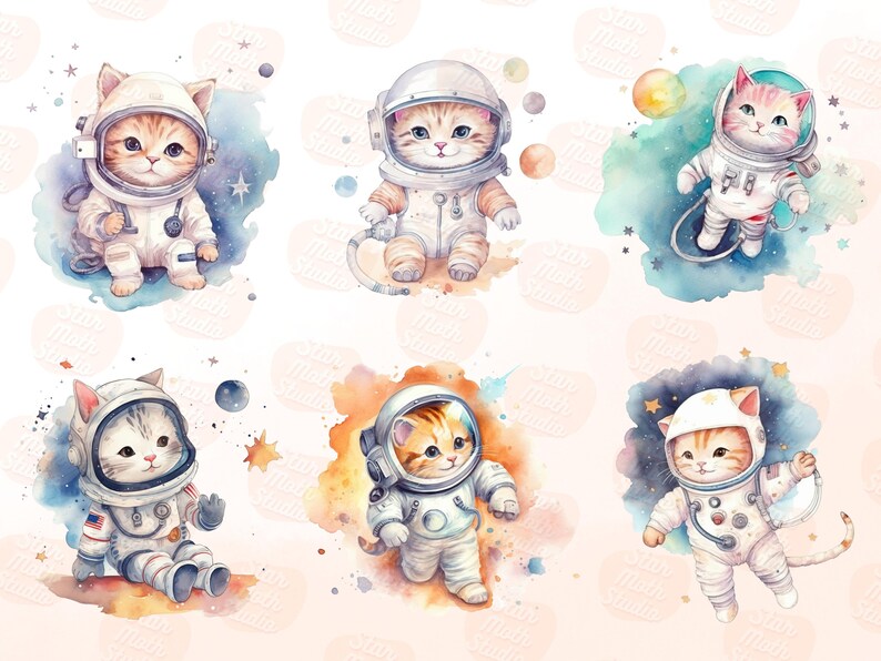 20 PNG Watercolor Adorable Space Astronaut Kittens Clipart Set, Fantasy ...
