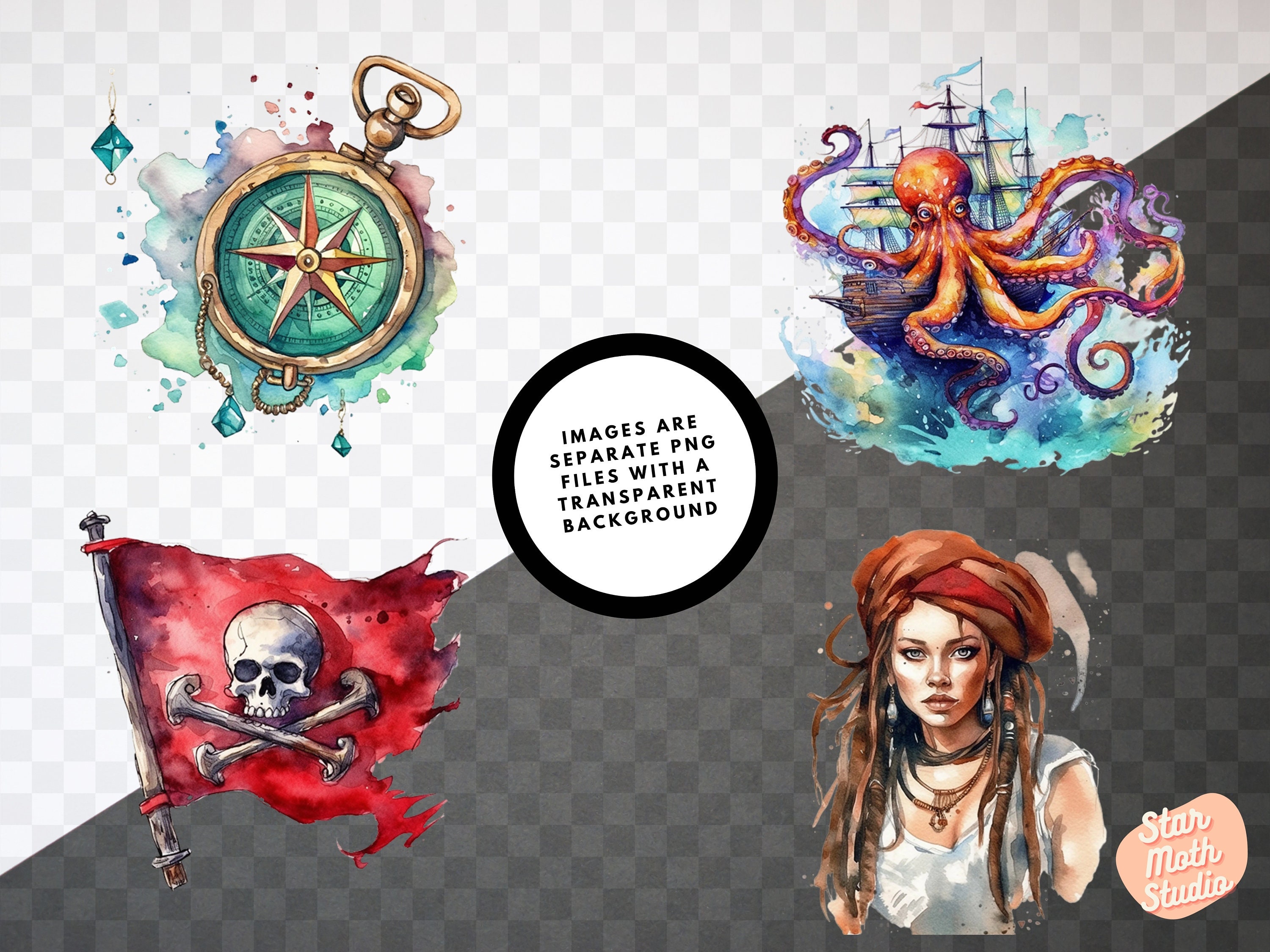 35 Pirate PNG Watercolor Clipart Bundle, Watercolor Pirate Ship ...