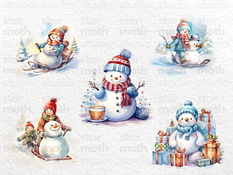 Watercolor Snowman Christmas Winter Holiday Clipart Bundle of 24 ...