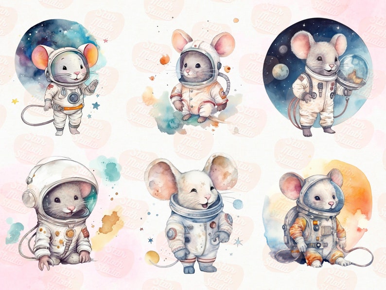 22 PNG Watercolor Adorable Space Astronaut Mice Clipart Set, Fantasy ...