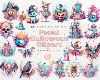Pastelloween Clipart PNG Set, Pastel Halloween Clipart, Watercolor Clip ...