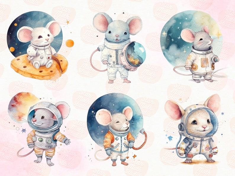 22 PNG Watercolor Adorable Space Astronaut Mice Clipart Set, Fantasy ...