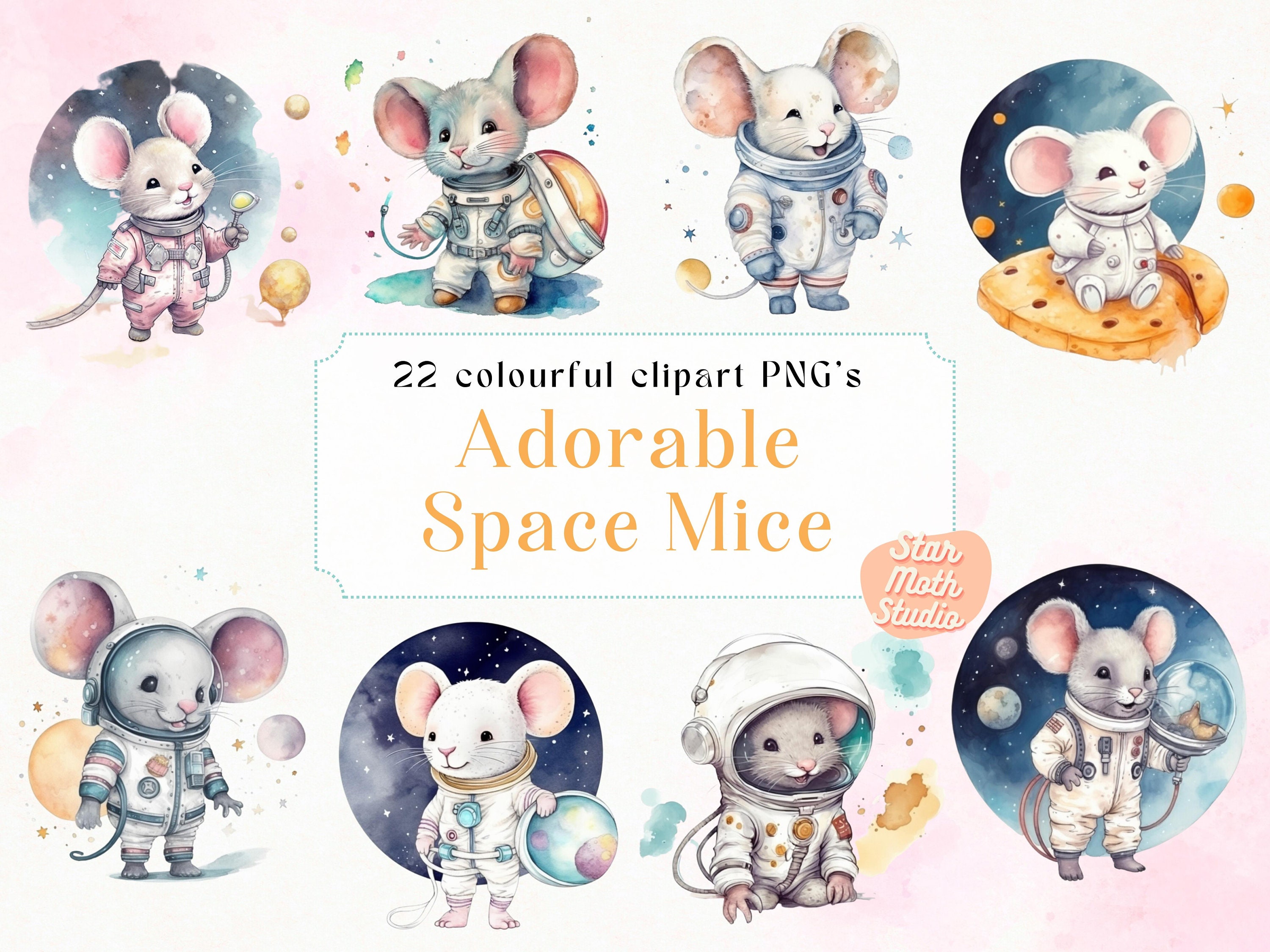 22 PNG Watercolor Adorable Space Astronaut Mice Clipart Set, Fantasy ...