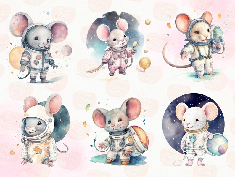 22 PNG Watercolor Adorable Space Astronaut Mice Clipart Set, Fantasy ...
