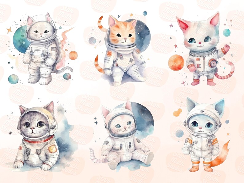 20 PNG Watercolor Adorable Space Astronaut Kittens Clipart Set, Fantasy ...