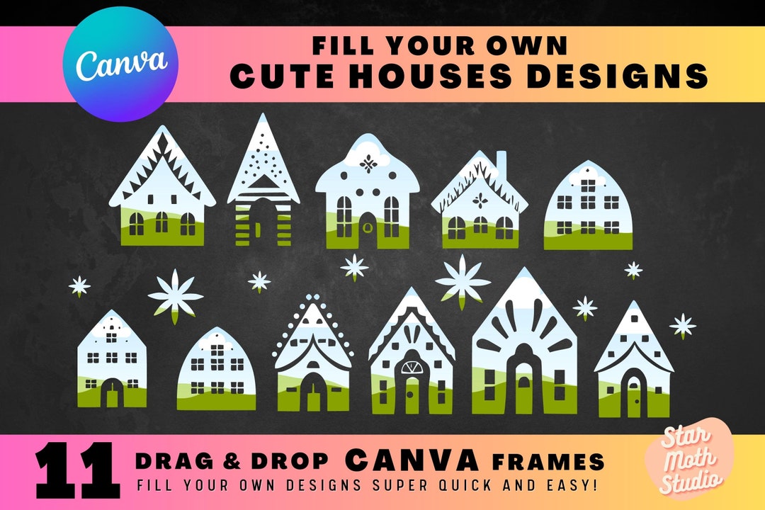 Cute Folk Art Houses CANVA FRAMES, Easy Drag and Drop Editable Canva ...
