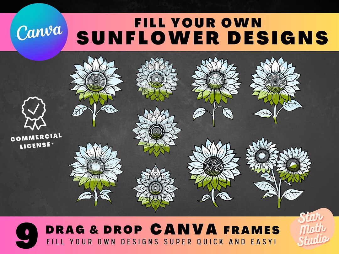 Sunflowers CANVA FRAMES, Easy Drag and Drop Editable Canva Template ...