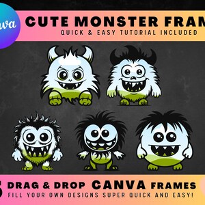 Cute Monsters Halloween CANVA FRAMES, Easy Drag and Drop Editable Canva ...