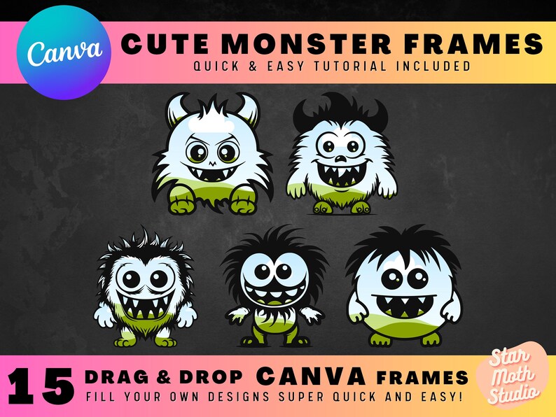 Cute Monsters Halloween CANVA FRAMES, Easy Drag and Drop Editable Canva ...