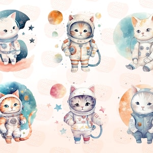 20 PNG Watercolor Adorable Space Astronaut Kittens Clipart Set, Fantasy ...