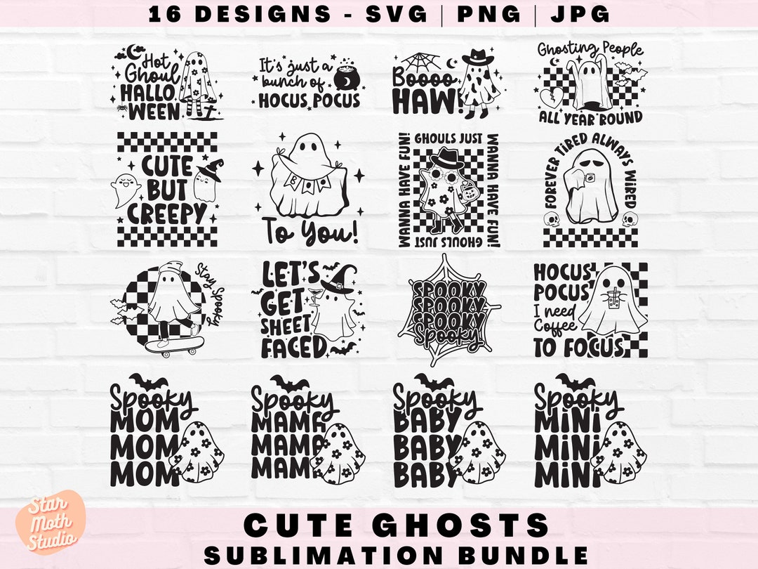16 Retro Halloween Ghost SVG Bundle, Cute Ghouls Sublimation Designs ...
