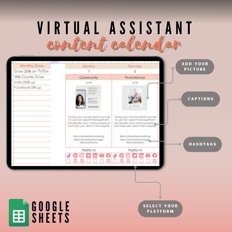 Virtual Assistant Social Media Content Calendar & Planner Template ...