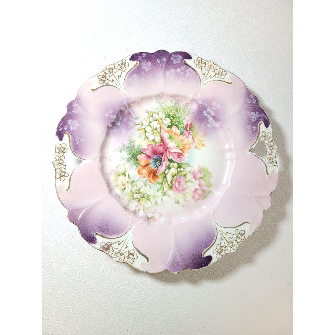 Antique RS Prussia Plate Open Handled Purple Floral Scalloped Edging ...