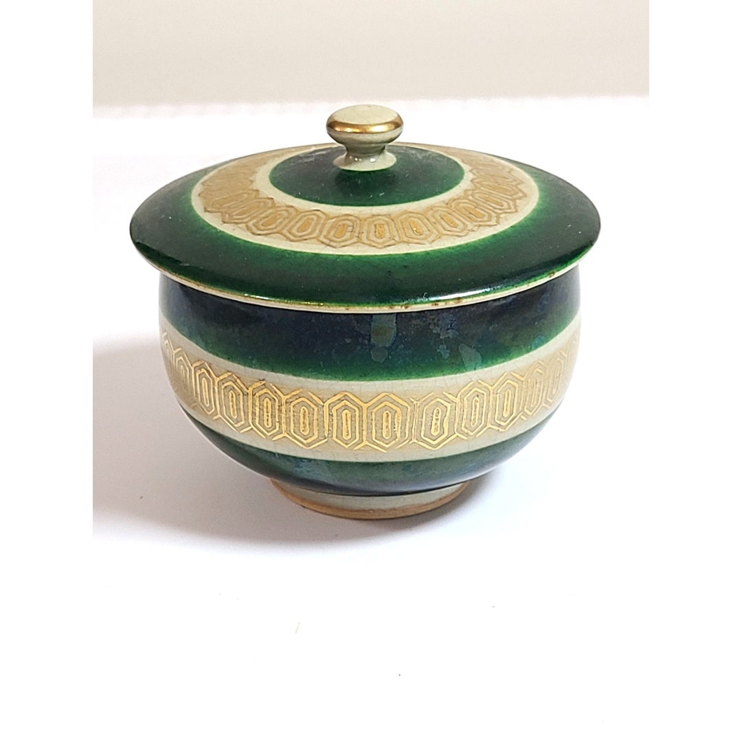 Antique Asian Teacup With Lid Script Reads Taikyu Sengoku Green Gold ...