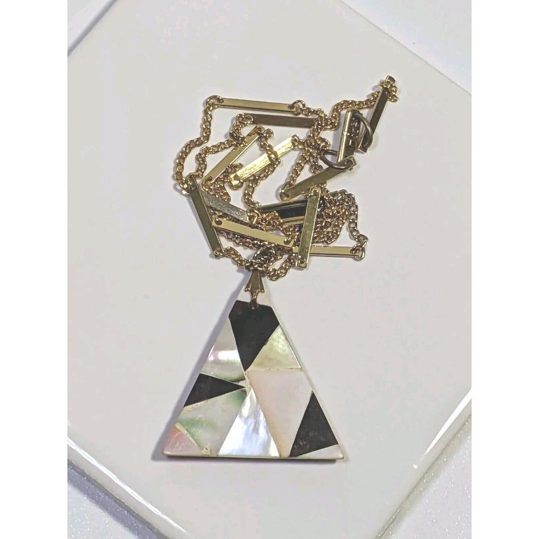 Hobe Necklace Gold Tone Chain Patented Clasp Triangle Pendant Shell ...