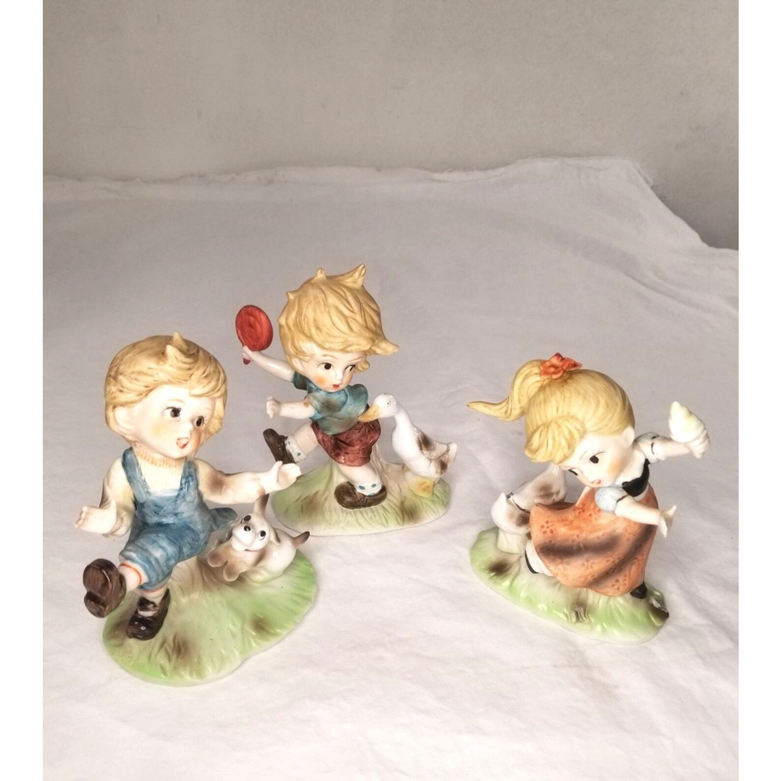 Vtg Matching Set Figurines 3 Children 1 Girl 2 Boys Geese Dog Kmart ...