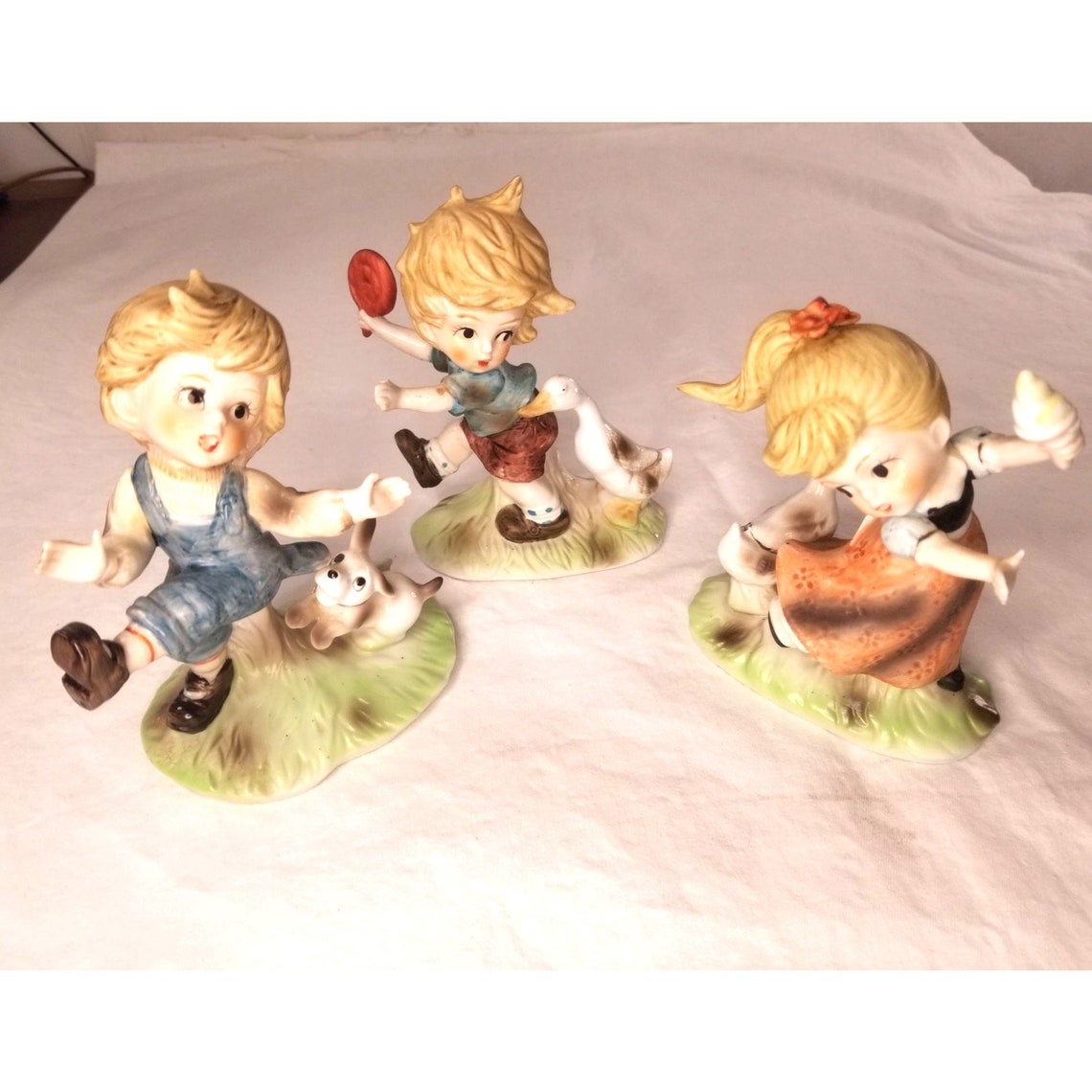Vtg Matching Set Figurines 3 Children 1 Girl 2 Boys Geese Dog Kmart ...