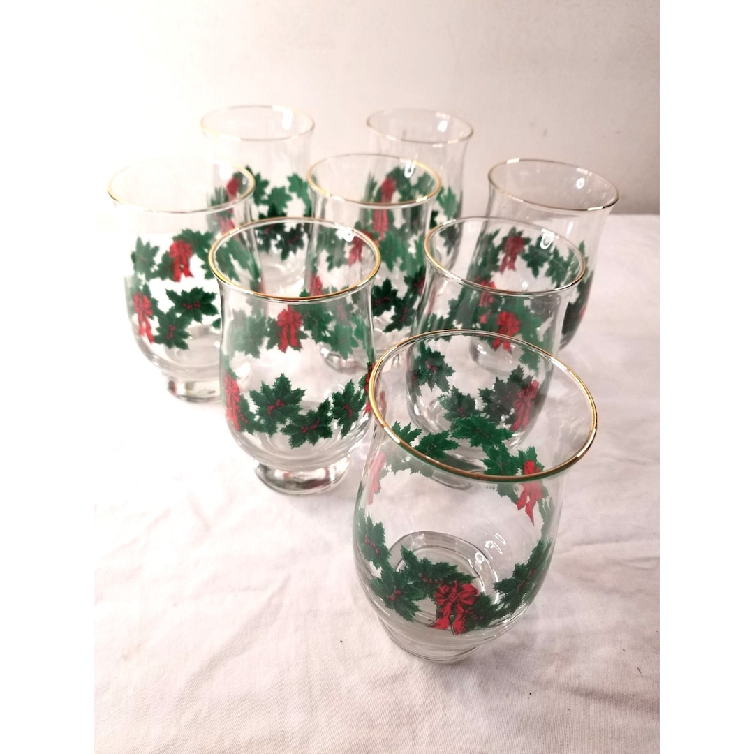 Set 8 Vintage Libbey Hurricane Shape Winter Holiday Glasses Tumblers ...