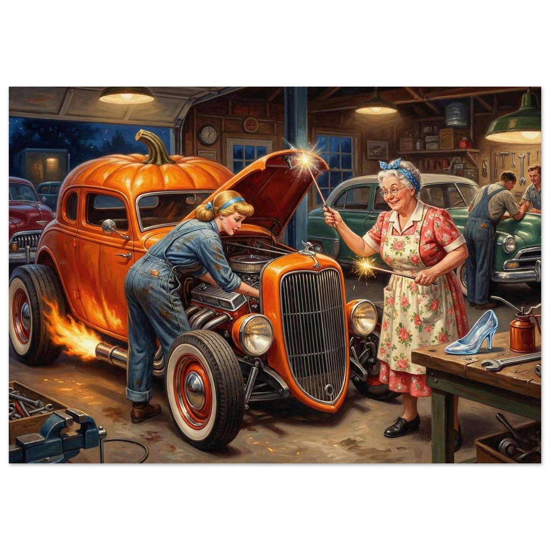 Cinderella Mechanic and Pumpkin Hot Rod - Retro 1950s Garage Poster - Etsy