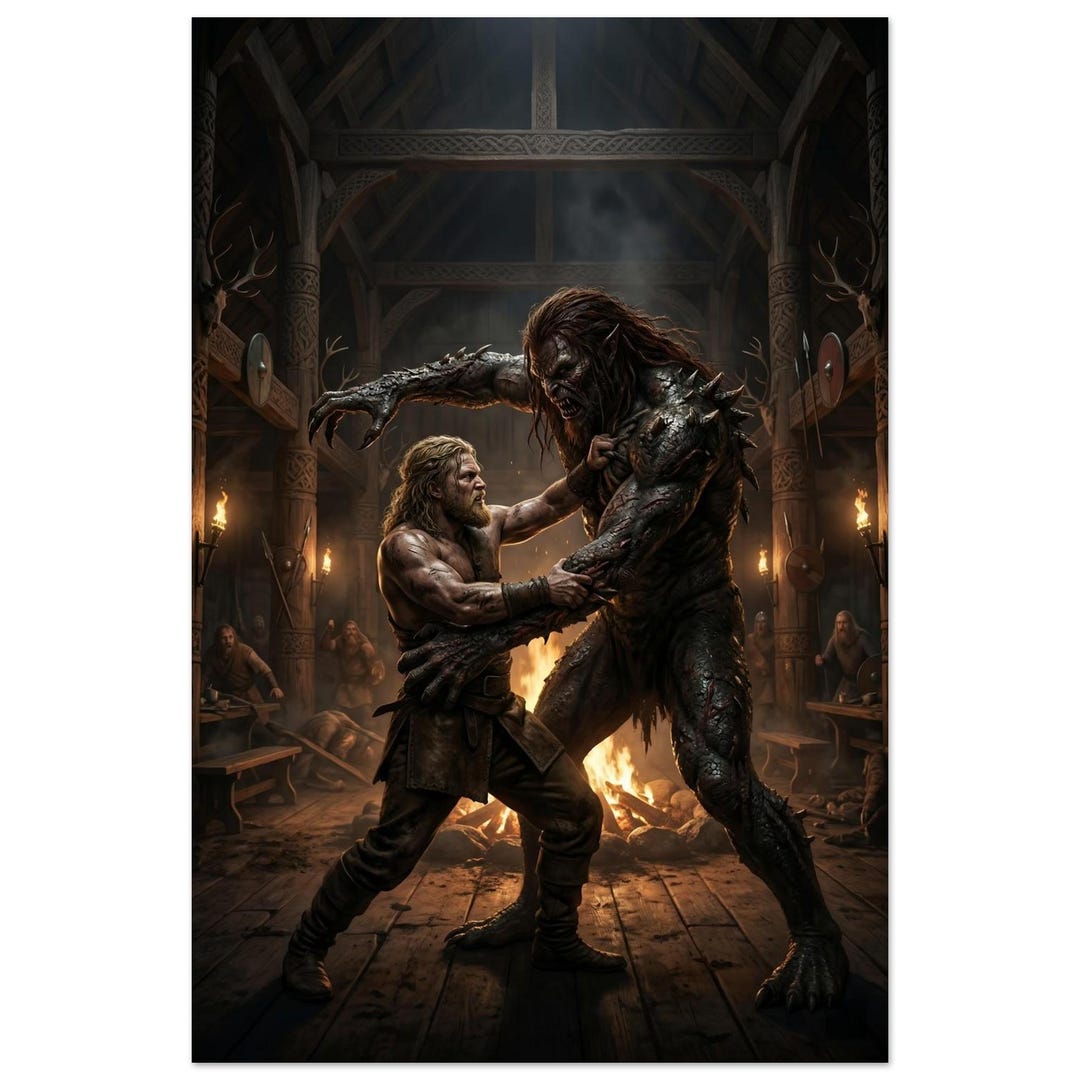 Beowulf Vs Grendel Poster - Dark Viking Mythology Art Print - Etsy