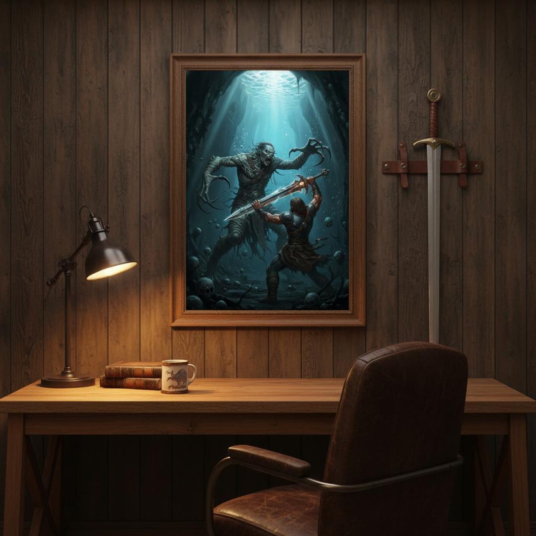 Beowulf in Grendel's Lair Poster | Anglo-saxon Epic Fantasy Art Print ...