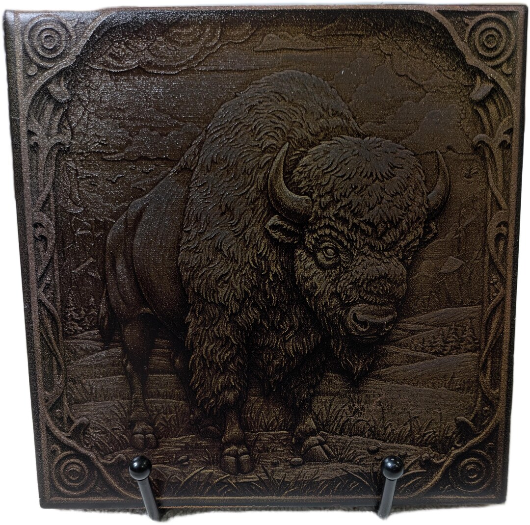 6" Laser Engraved Ceramic Tile American Bison Buffalo Art Fabric Back ...