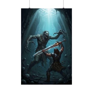 Beowulf in Grendel's Lair Poster | Anglo-saxon Epic Fantasy Art Print ...
