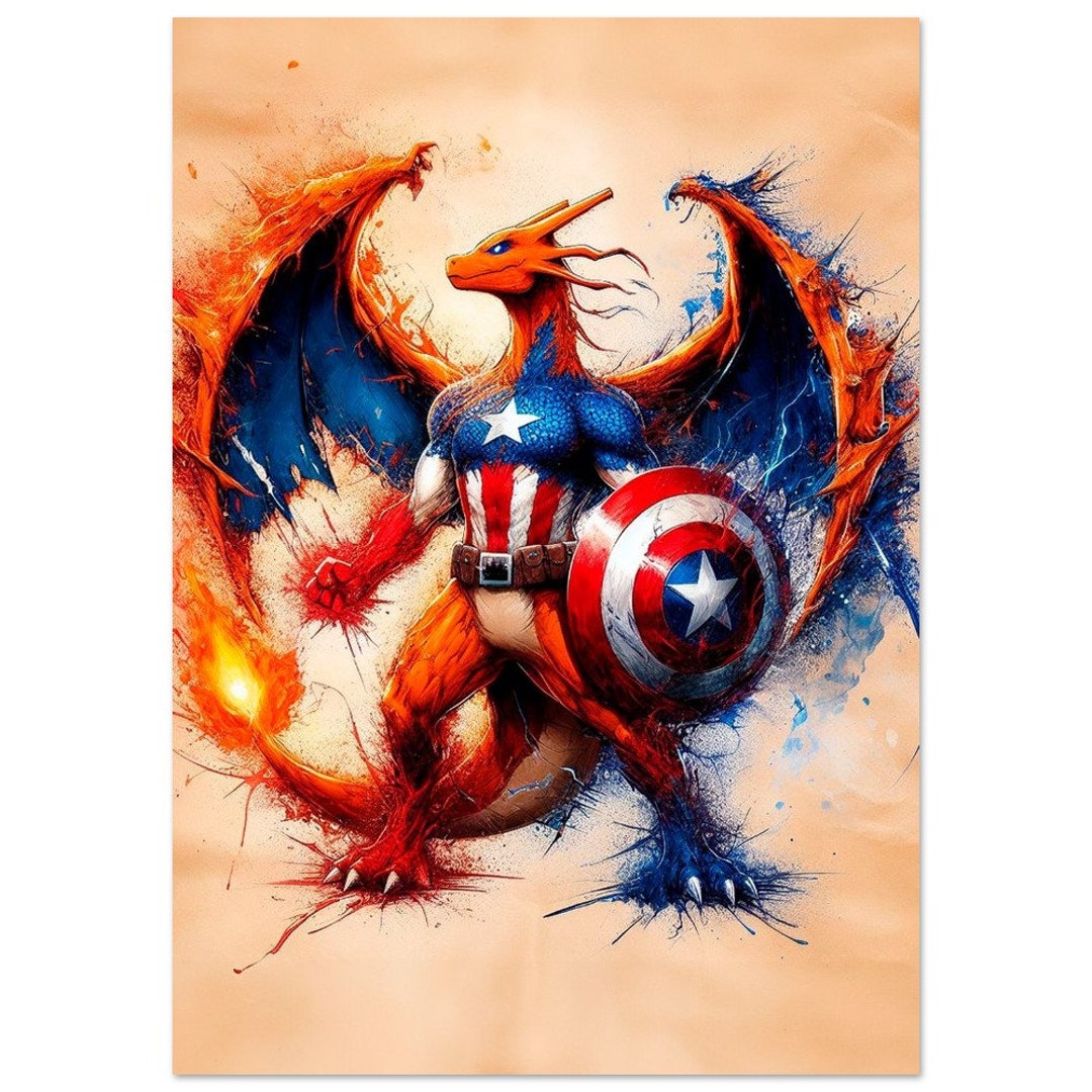 Charizard X Captain America Poster on Premium Matte Paper 200g Manga ...