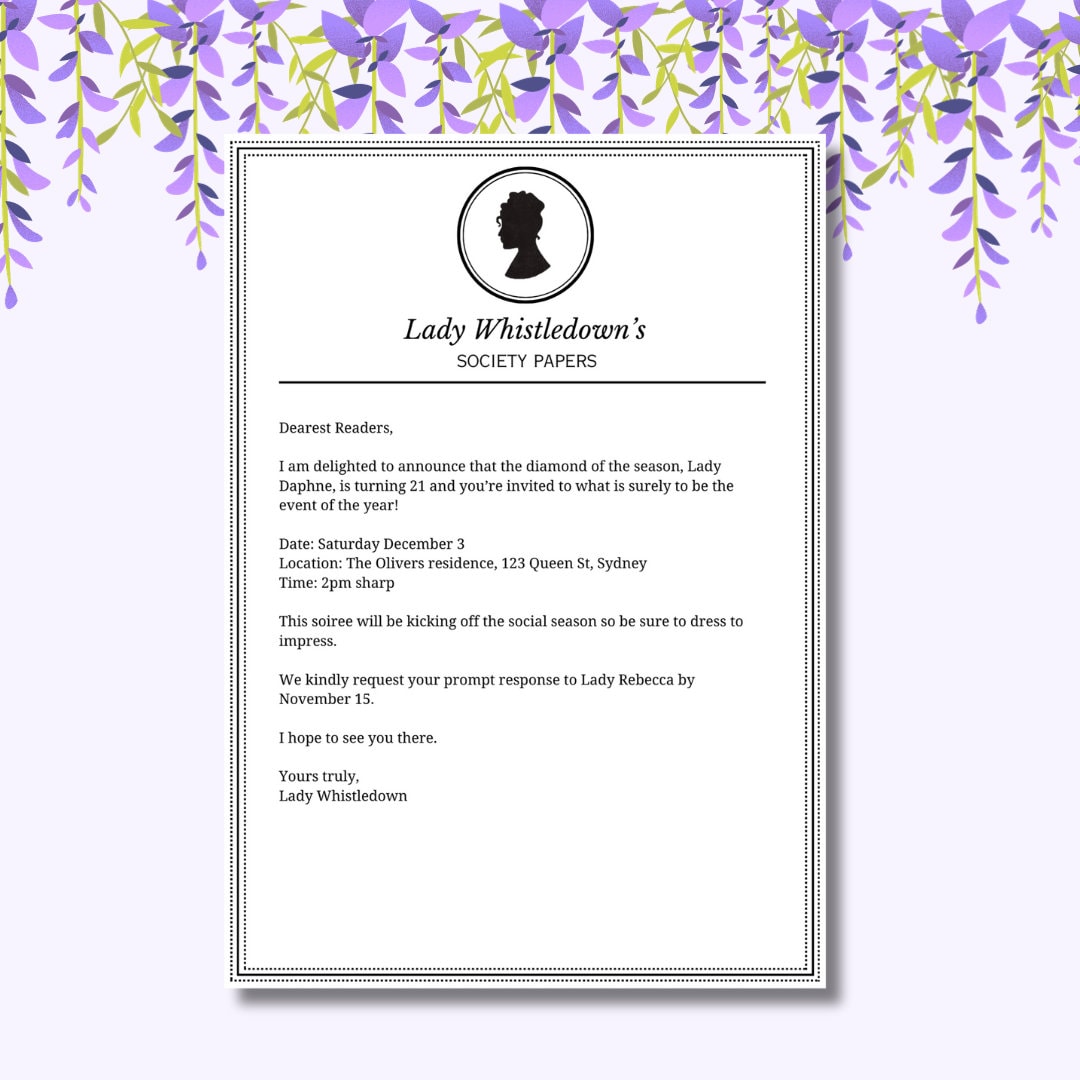 Lady Whistledown Bridgerton Themed Invitation Downloadable Template - Etsy