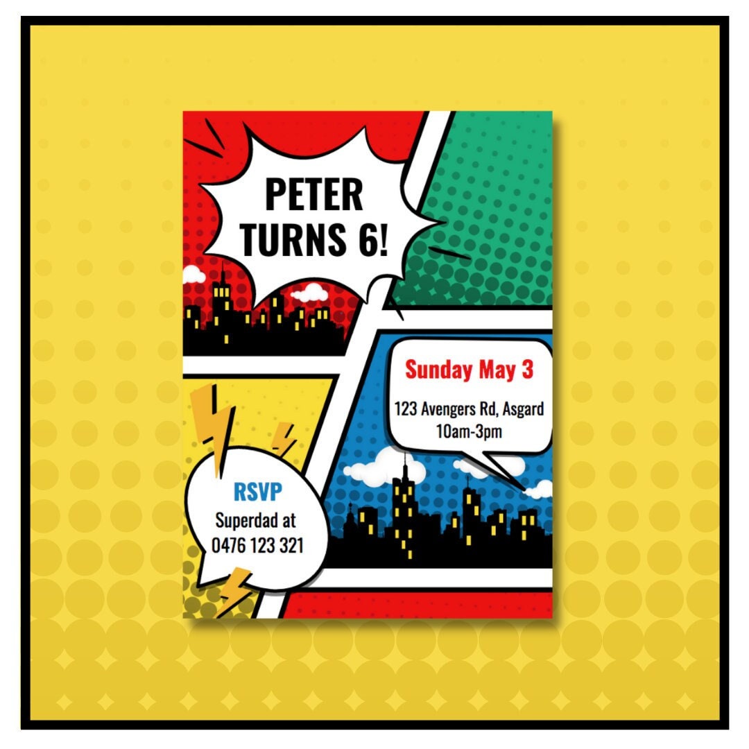 Superhero Comic Book Birthday Party Invitations, Template, Downloadable ...