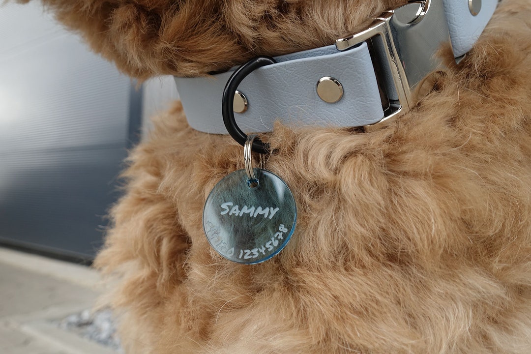Round LIGHT BLUE Dog Tag With Name & Phone Number tasso - Etsy