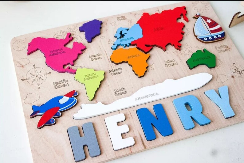 Wooden World Map Baby Name Puzzle Birthday Gift Children Toy - Etsy