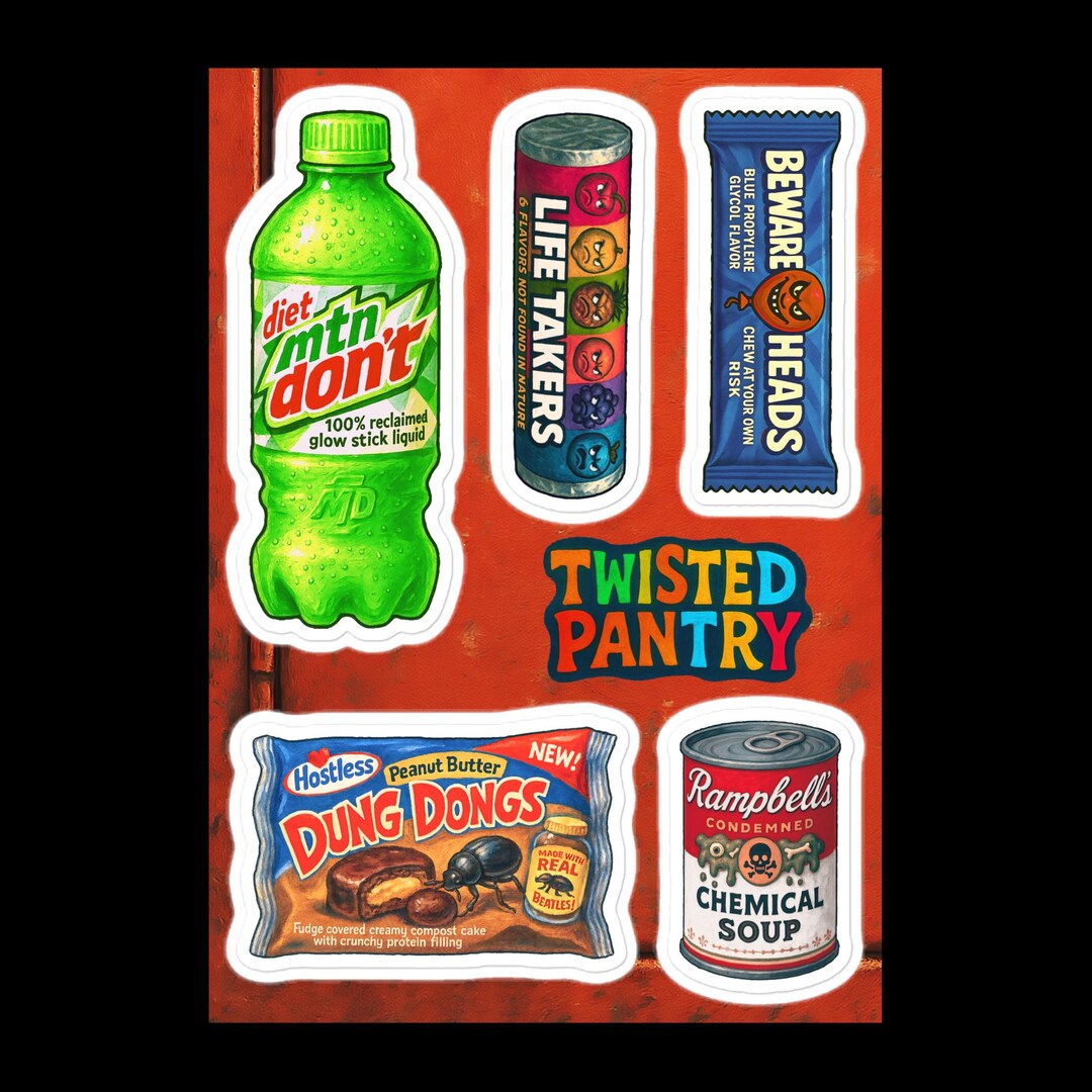 Twisted Pantry Sticker Sheet - Funny Food Parody Stickers - Mtn Don't ...