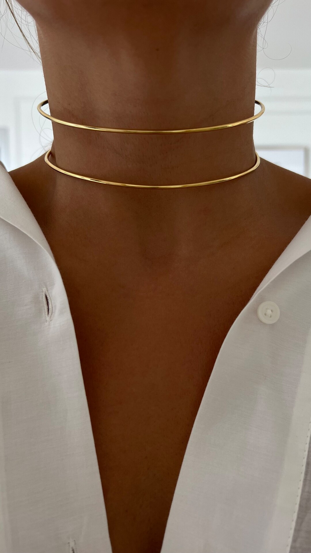 Gold Neck Cuff/ Gold Plated Hammered Wire Choker/ Double Wire Necklace ...