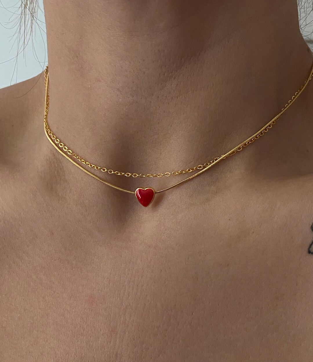 Gold Heart Dainty Pendant/gold Thin Chain Choker Women/cute Red Heart ...
