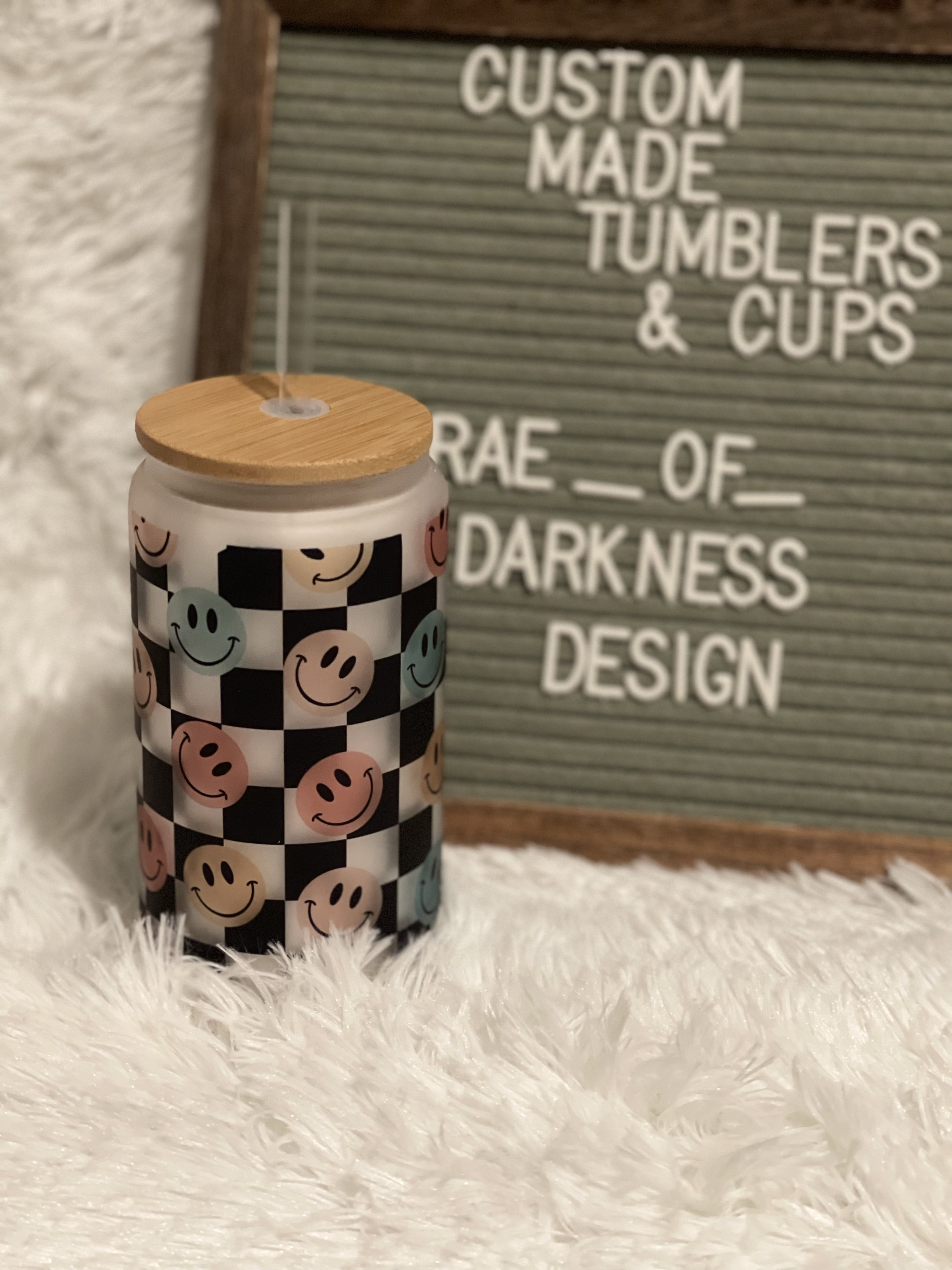 Checkered Smiley Face Retro Glass Cup With Bamboo Lid and Straw - Etsy