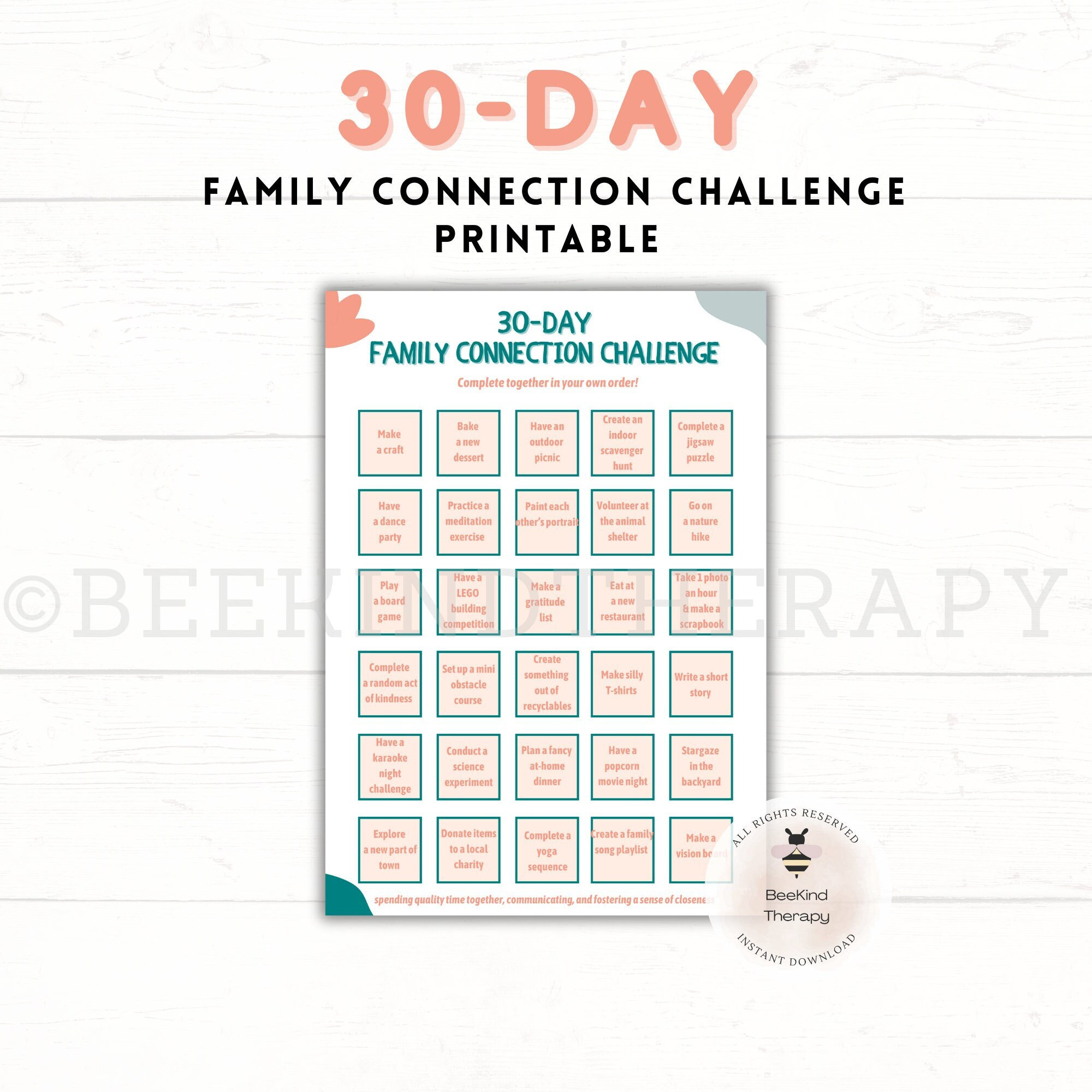 30 Day Family Connection Challenge, Family Calendar Printable, Family ...