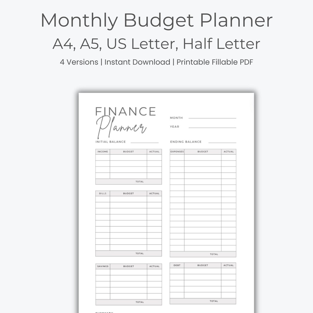 Monthly Budget Planner Printable & Fillable PDF, Budget Tracker ...
