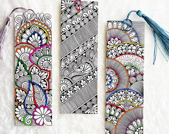 Hand Drawn Mandala Bookmarks With Tassel Zentangle Bookmark ...
