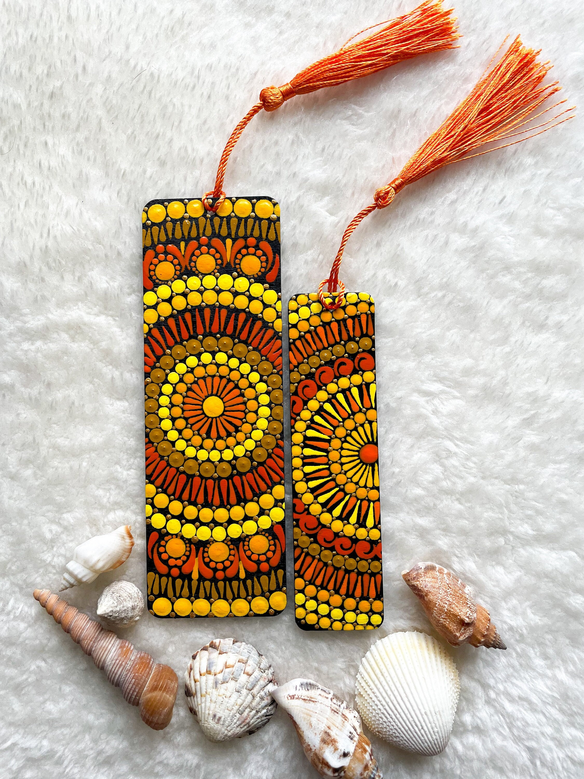 Painted Bookmark Set Yellow Mandala Bookmark Wood Dot Art Thank You ...