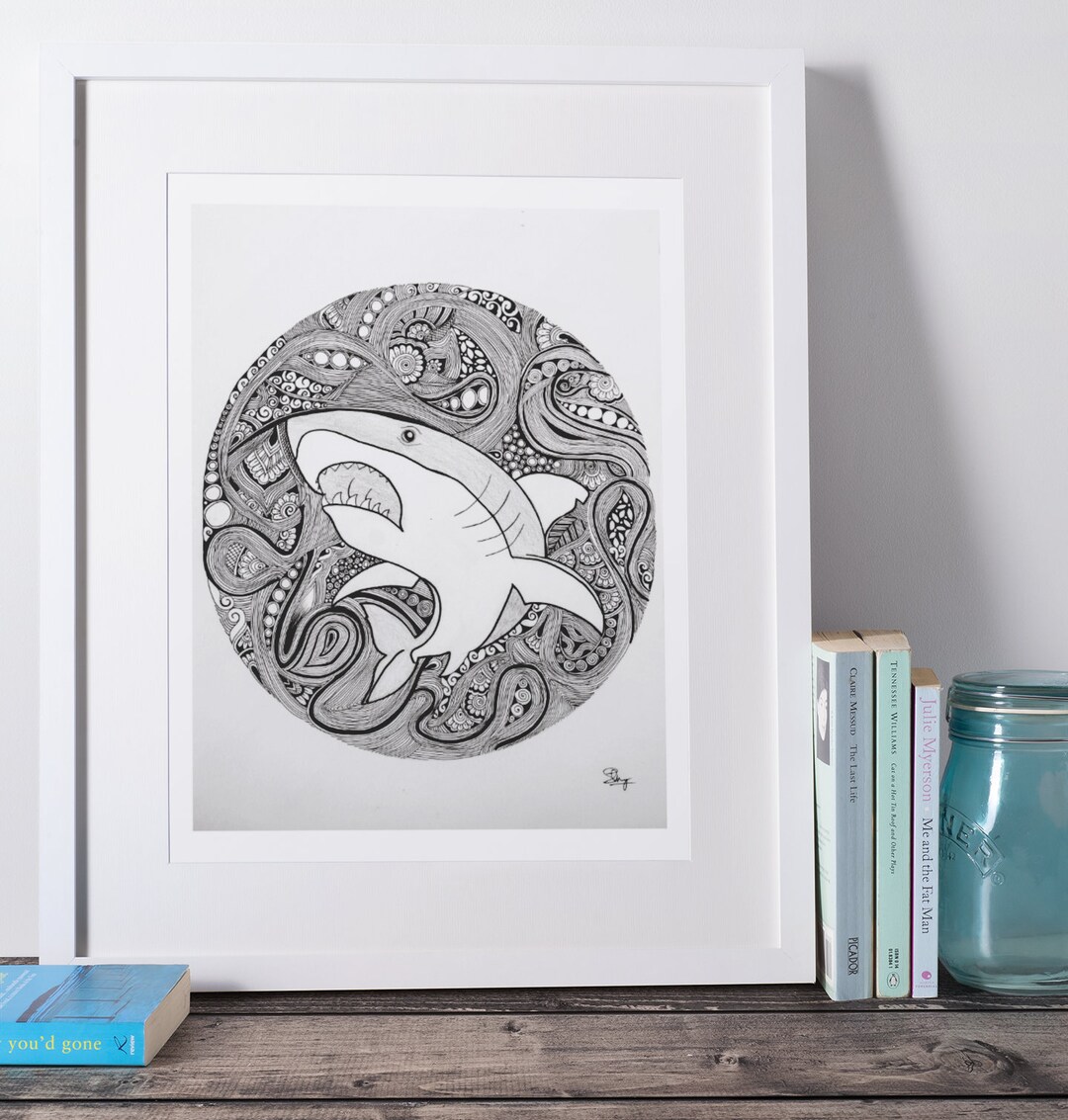 Shark Art Print Shark Doodle Art Print Hand Drawn Monochrome Art Fun ...