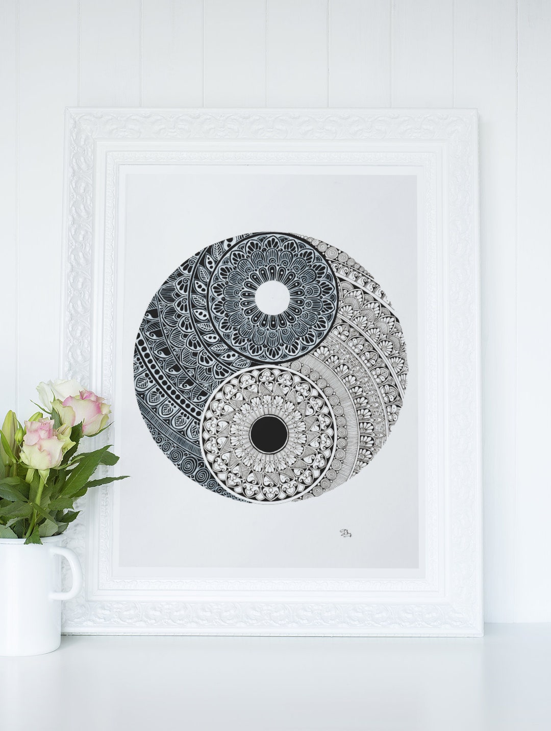 Hand Drawn Mandala Art Print Ying Yang Monochrome Home Decor Boho ...