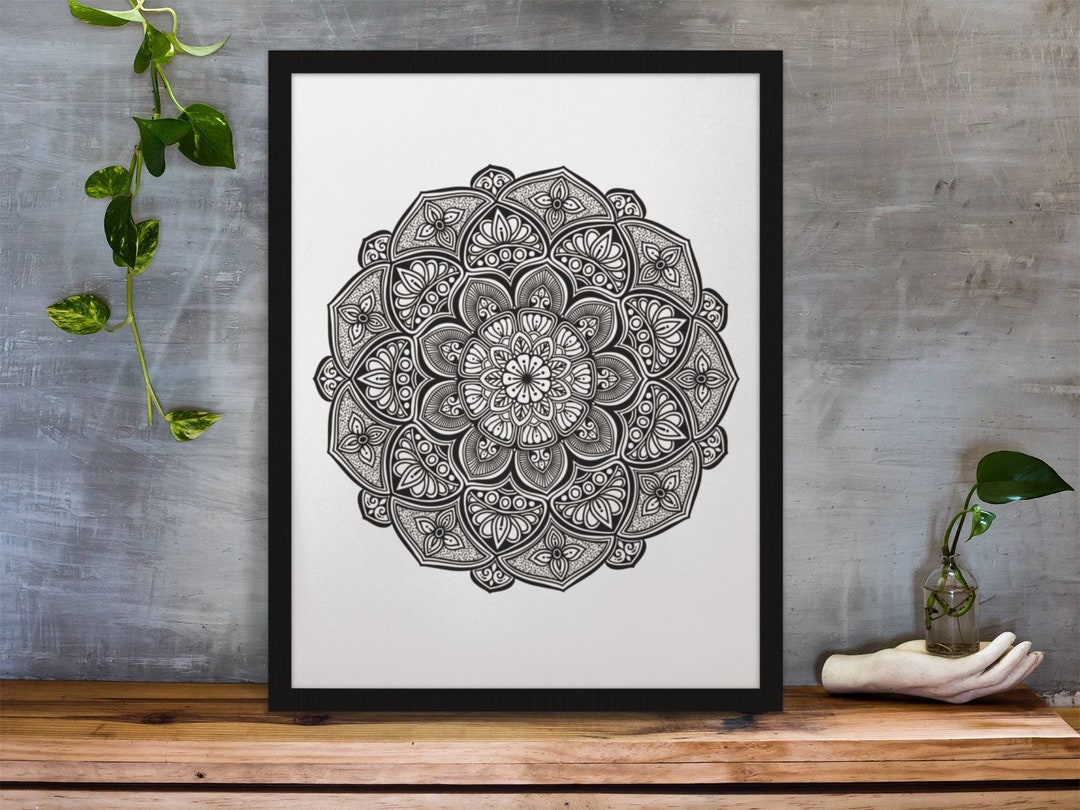 Digital Mandala Art Print Monochrome Wall Art for Living Room Instant ...