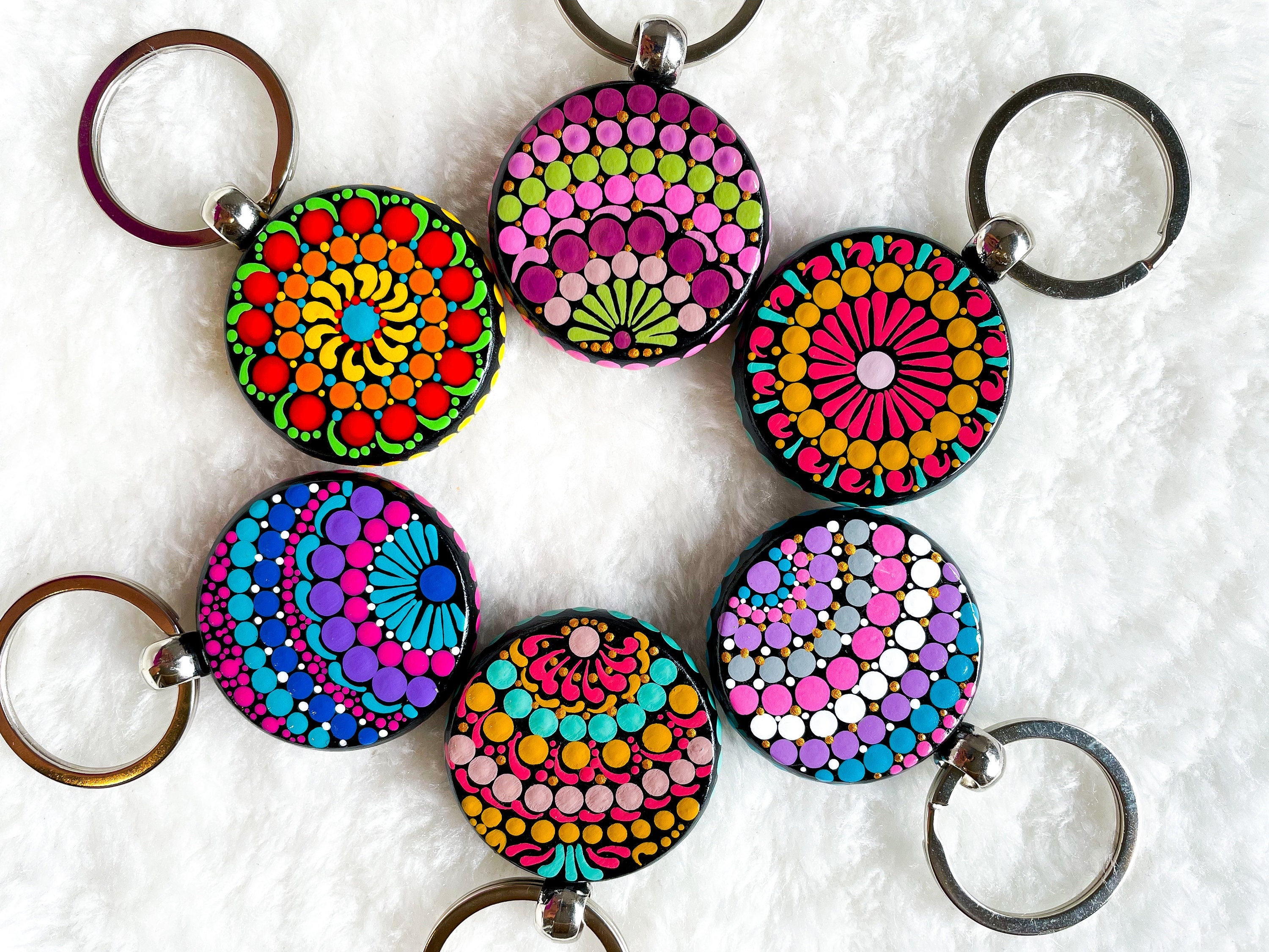 Mandala Keychains Set of 6 Stocking Stuffer Gifts Hand Painted Dot ...