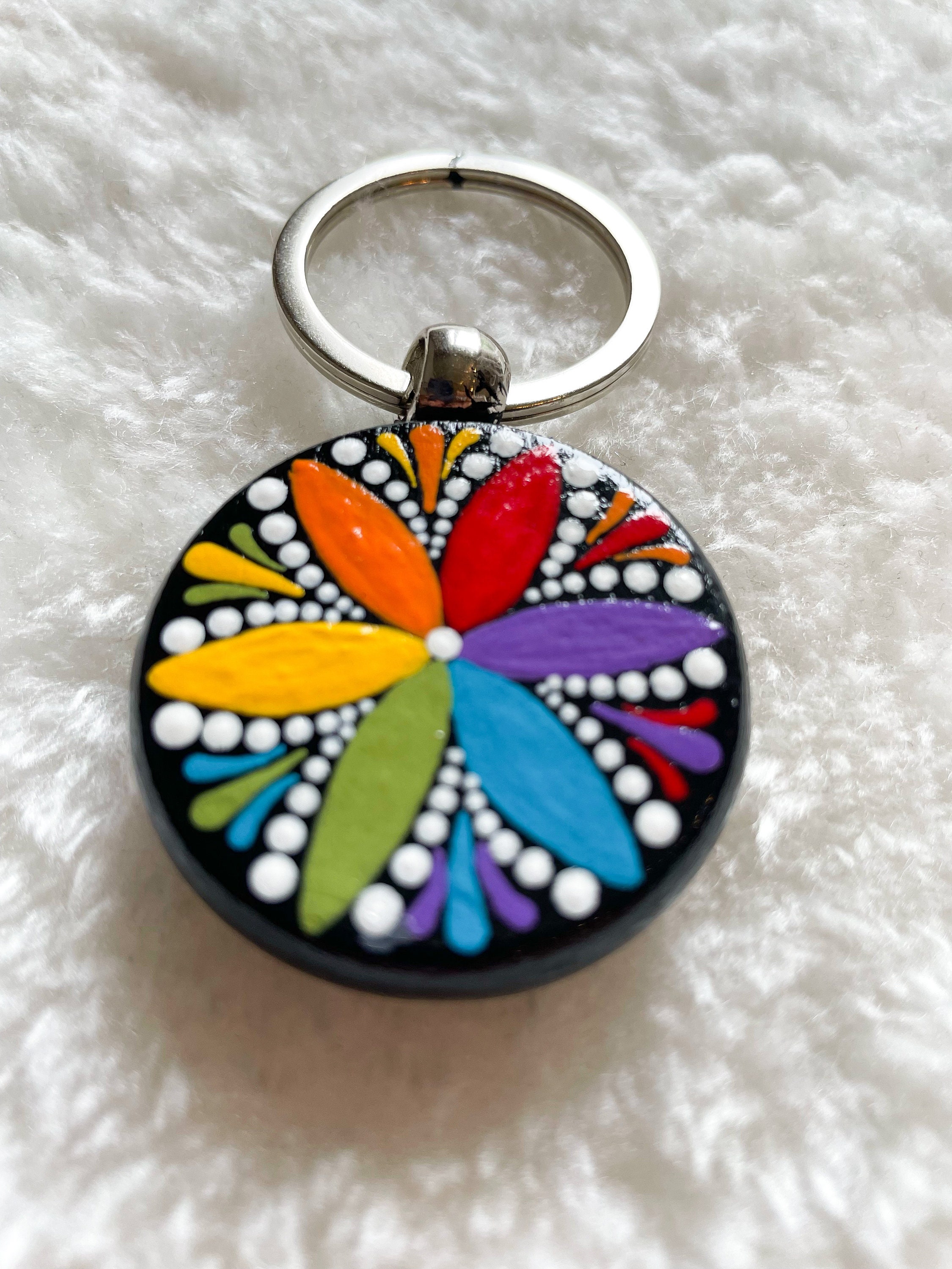 Rainbow Keychains Hand Painted Mandala Art Keychain Stocking Stuffer ...