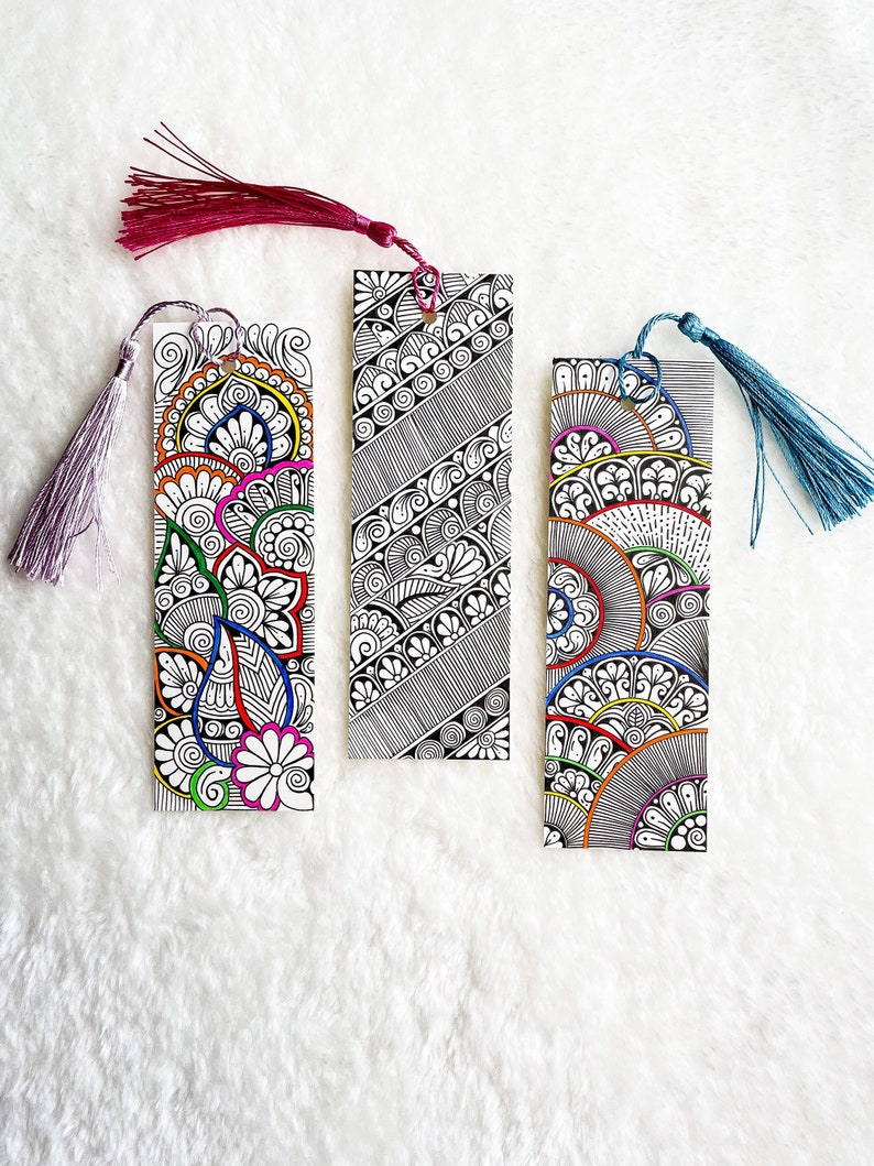 Hand Drawn Mandala Bookmarks With Tassel Zentangle Bookmark ...