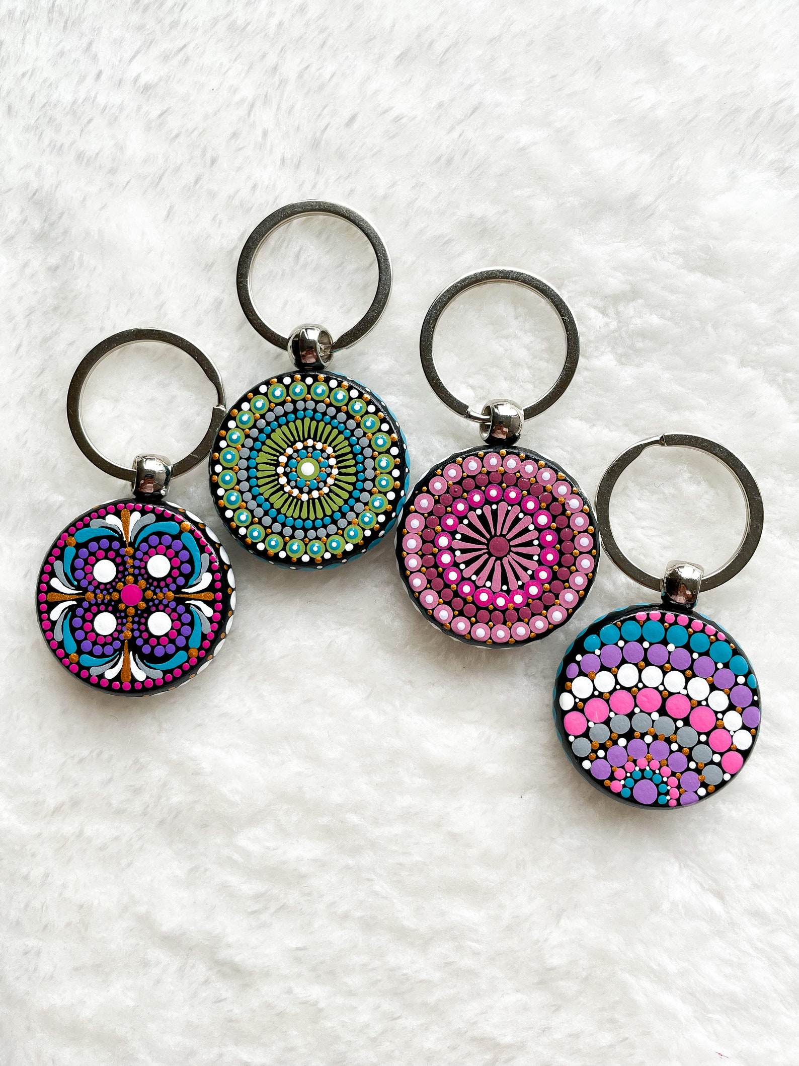 Keyrings Set of 6 Premium Hand Painted Mandala Keychains Mothers Gifts ...
