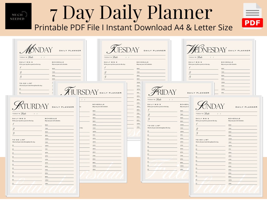 7 Day Printable Planner, Notes, Instant Download, Productivity Planner ...